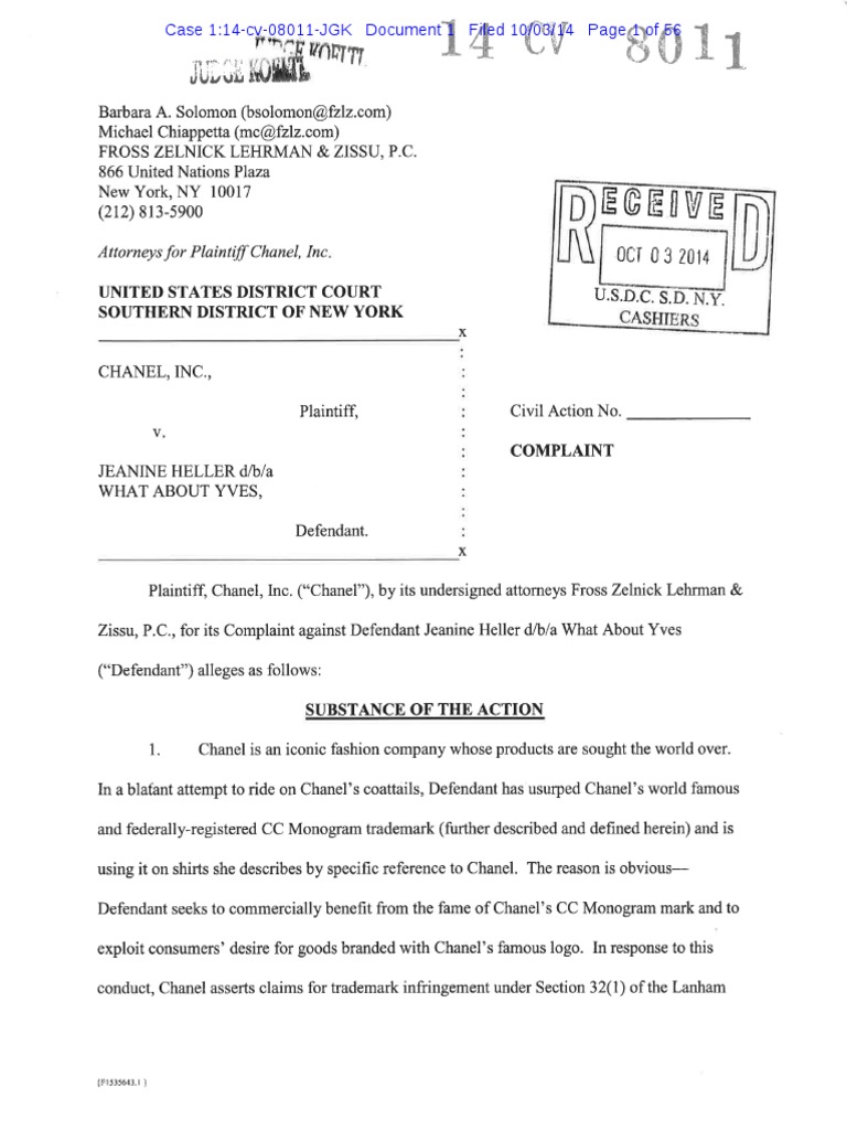 Chanel, Inc. v. Jeanine Heller D/b/a What About Yves, 1-14-CV-08011-JGK ...