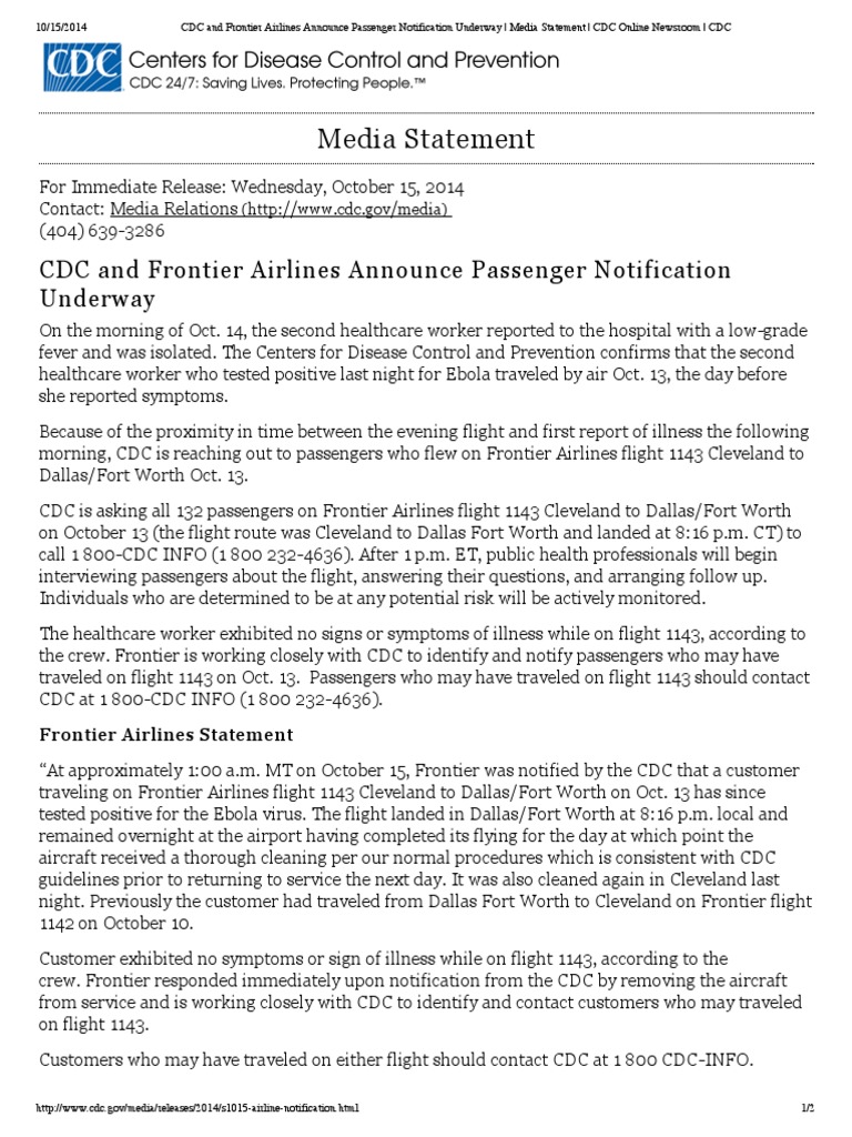 CDC and Frontier Airlines Announce Passenger Notification Underway ...