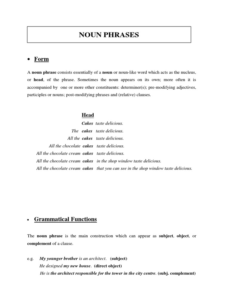 Noun Phrases: Grammatical Functions | PDF | Phrase | Adjective