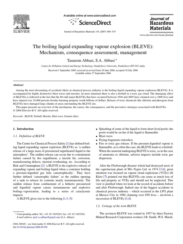 The Boiling Liquid Expanding Vapour Explosion (BLEVE) PDF | PDF ...