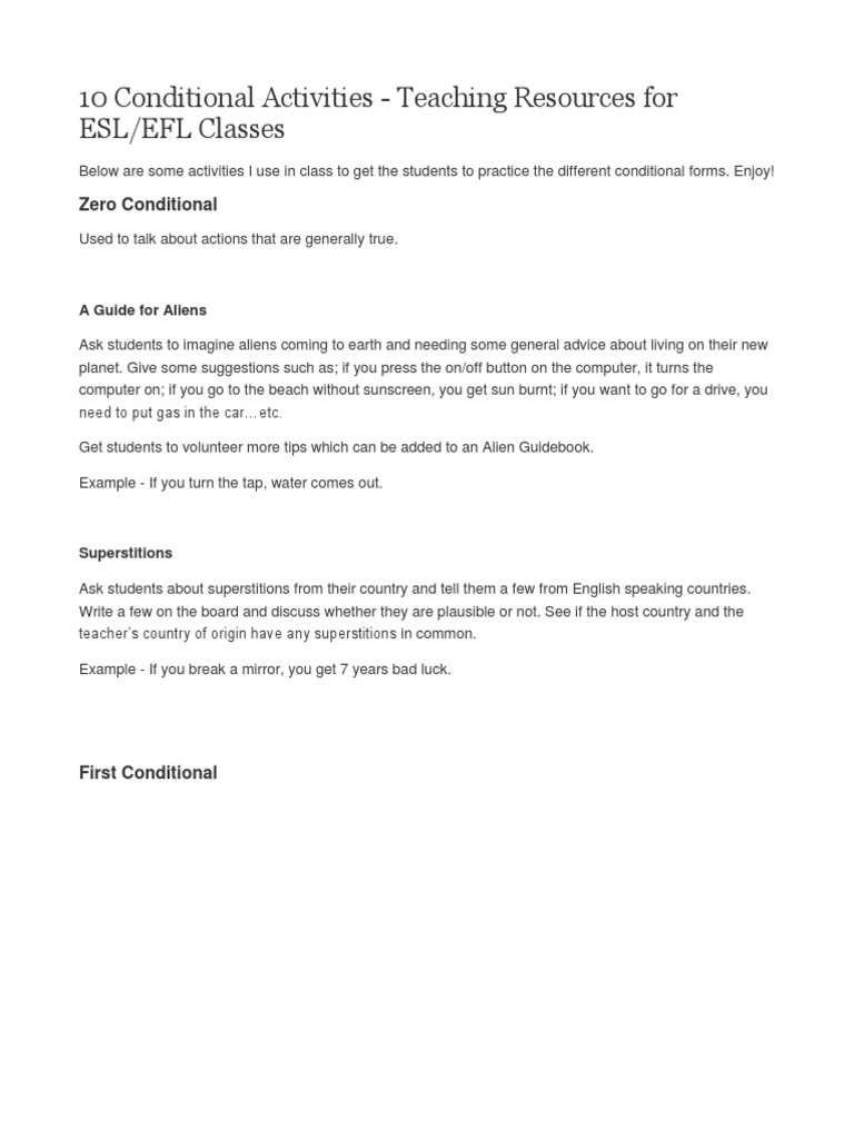 ESL Conditional Activities Guide | PDF | English As A Second Or Foreign ...