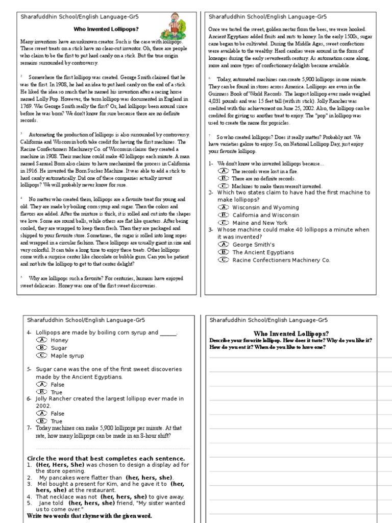 Who Invented Lollipops Reading-Comprehension | PDF | Confectionery | Candy
