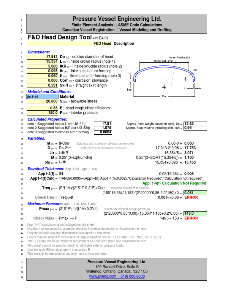 F&D Head Design Tool: Pressure Vessel Engineering LTD | PDF | Pressure ...