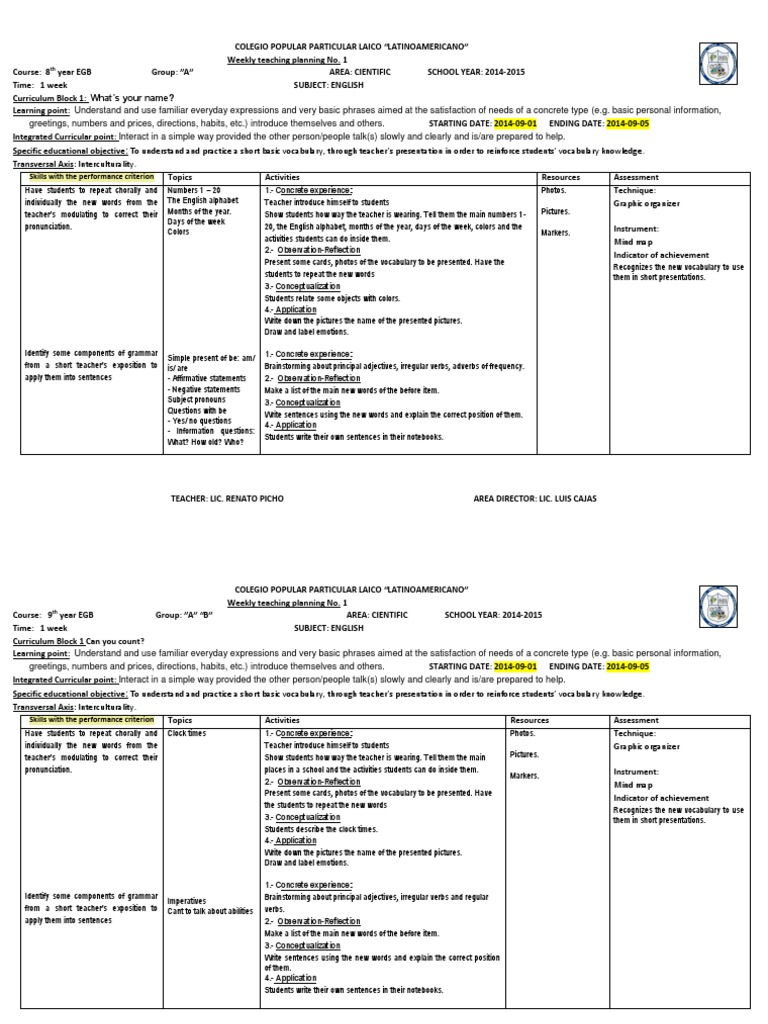 English Class Planning | PDF | Curriculum | English Language