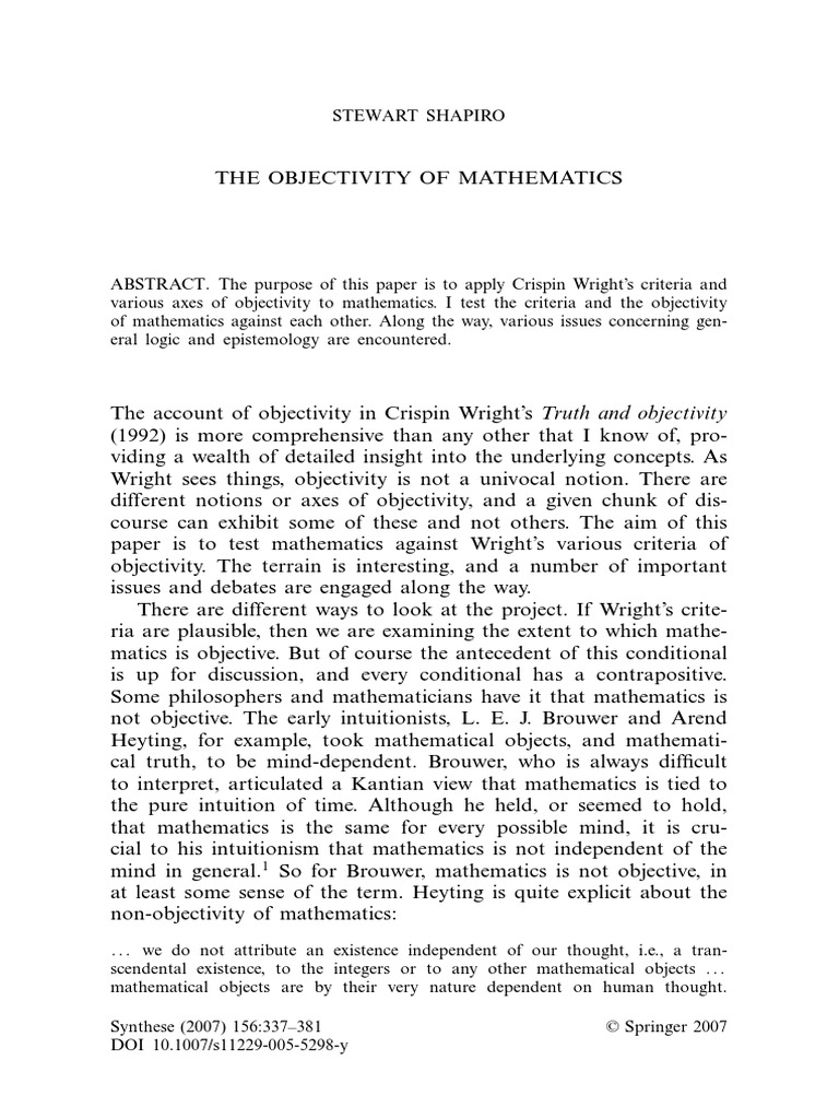 Shapiro, Steward. The Objectivity of Mathematics PDF | Download Free ...