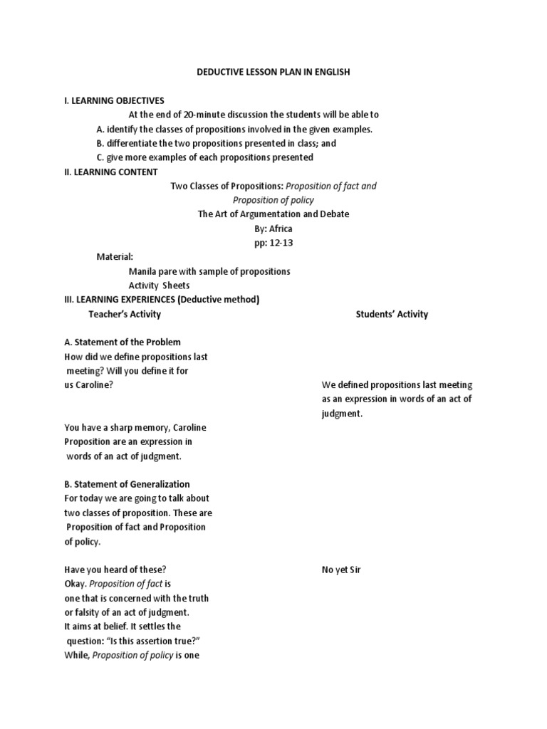 Deductive Lesson Plan in English | PDF | Proposition | Lesson Plan