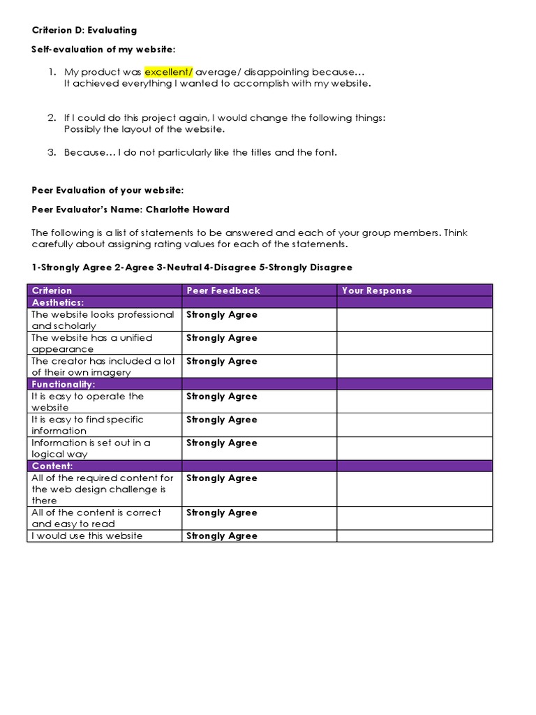 Website Self and Peer Evaluation Guide | PDF