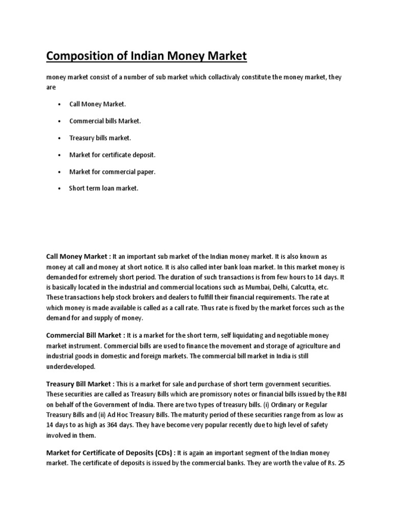 Composition of Indian Money Market | PDF | Money Market | Certificate ...