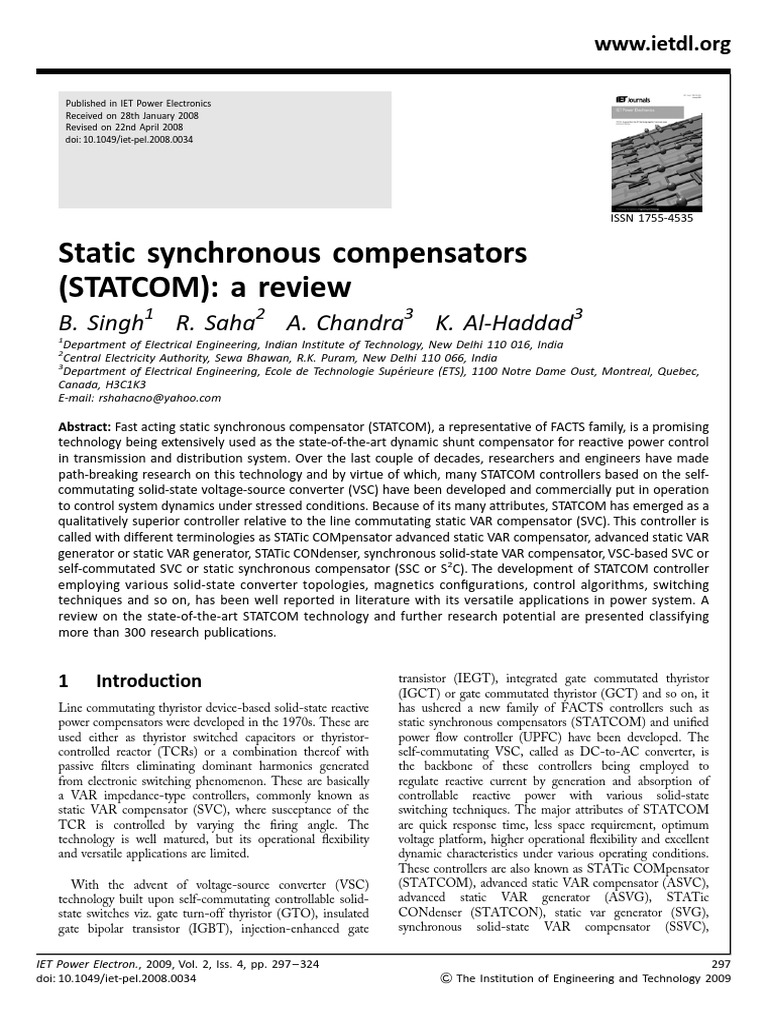 Static Synchronous Compensators (STATCOM) : A Review: B. Singh R. Saha A. Chandra K. Al-Haddad ...