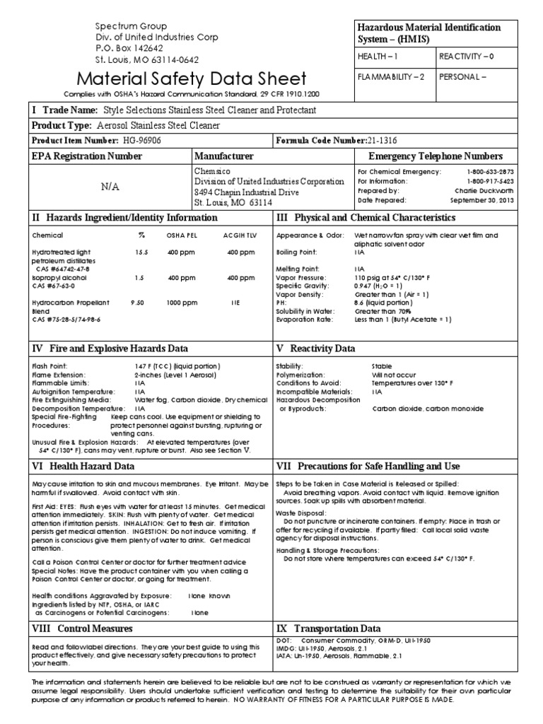Style Selections Stainless Cleaner MSDS | Water | Carbon Dioxide