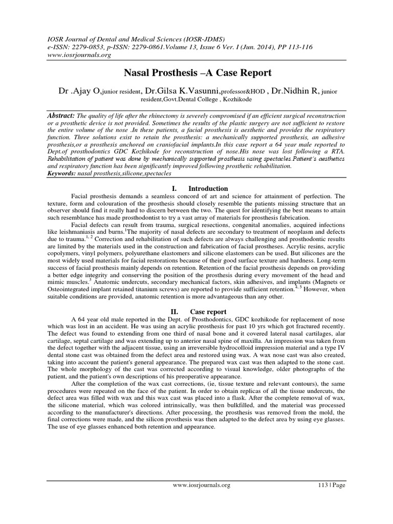 Nasal Prosthesis - A Case Report | PDF | Prosthesis | Prosthodontics
