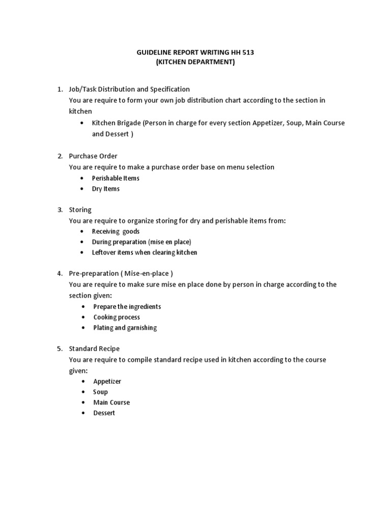 Guideline Report Writing HH 513 (Kitchen Department) | PDF | Kitchen | Menu