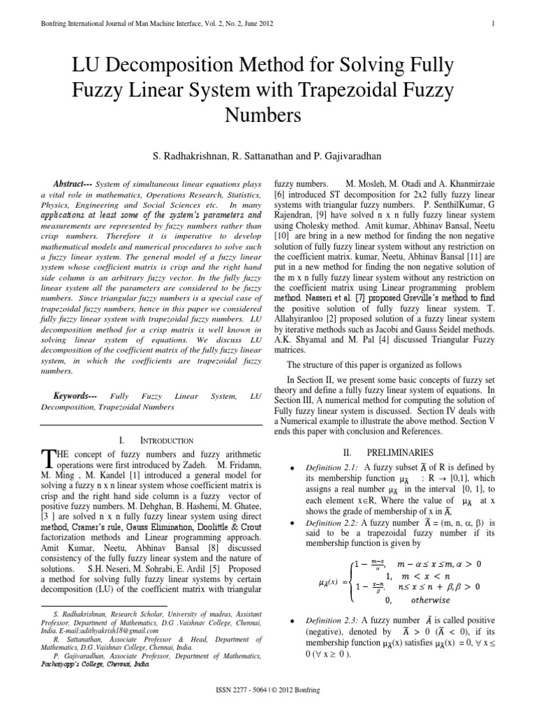 LU Decomposition Method For Solving Fully Fuzzy Linear System With Trapezoidal Fuzzy Numbers ...