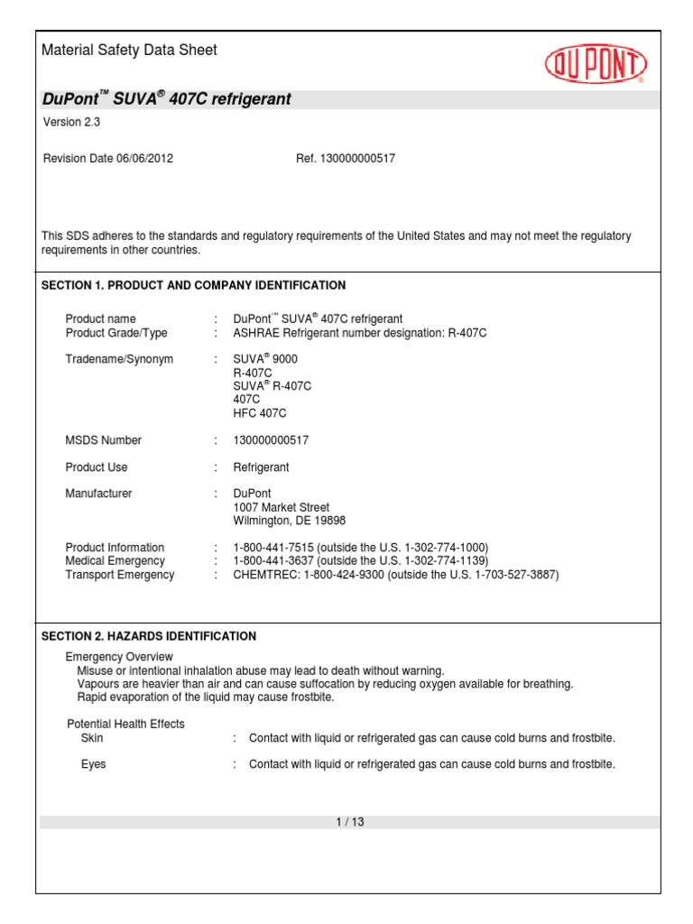 Dupont Suva 407C Refrigerant: Material Safety Data Sheet | PDF ...