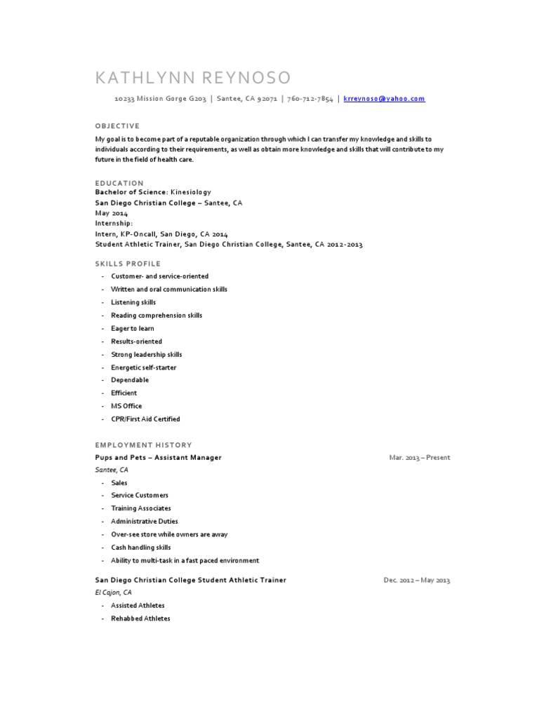 Kinesiology Graduate Resume Santee CA | PDF