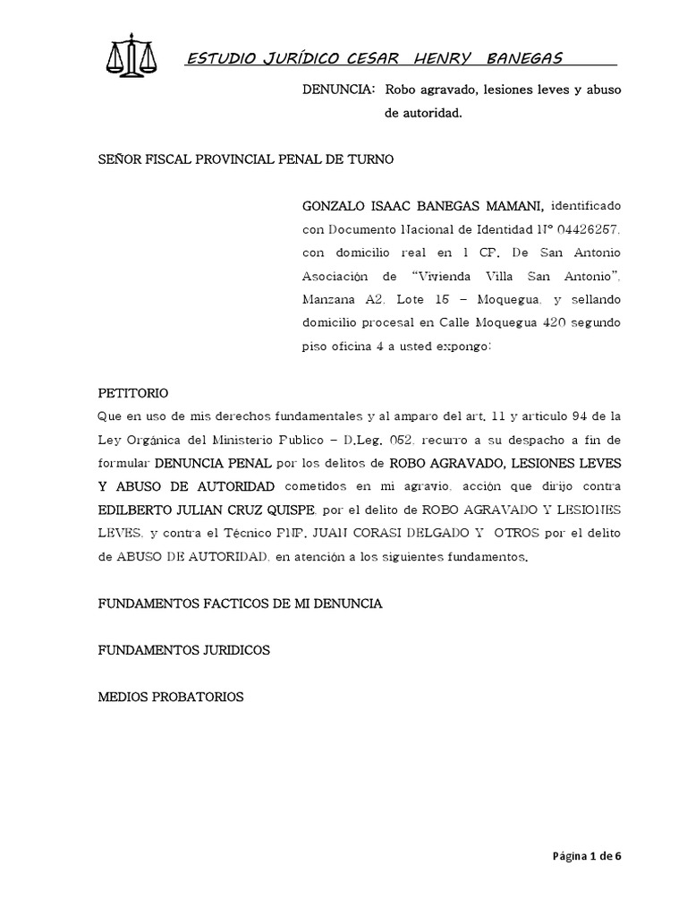 Denuncia robo agravado y otros.docx | Derecho penal | Robo | Prueba ...