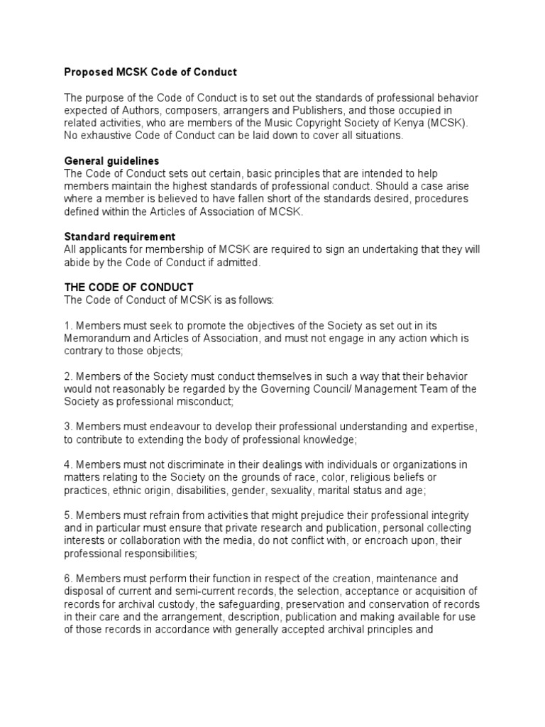 MCSK Code of Conduct 2013 | PDF | Prejudices | Applied Ethics