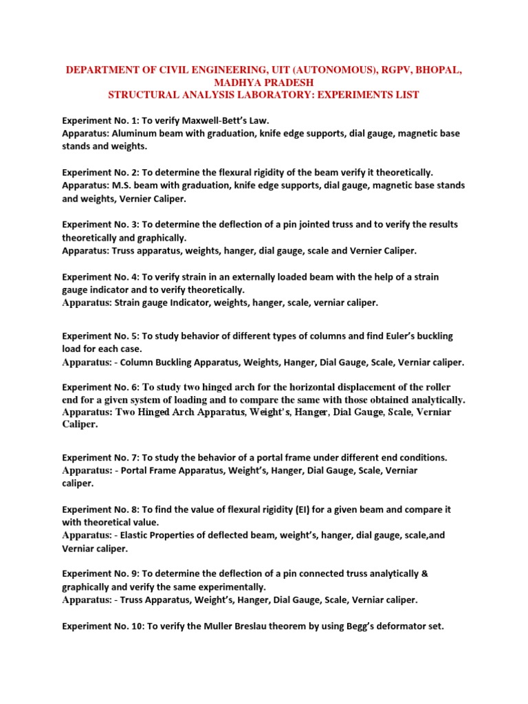 Structural Analysis Laboratory - Experiment - Rquired Apparatus | PDF ...