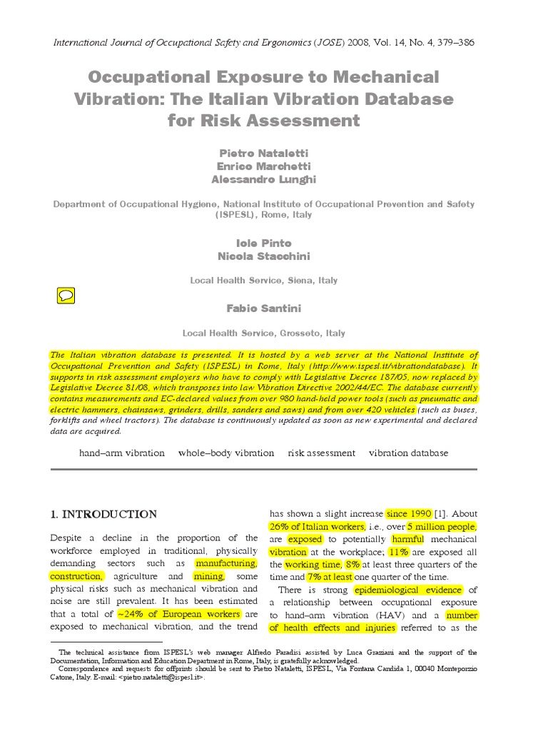 Occupational Exposure To Mechanical Vibration: The Italian Vibration ...