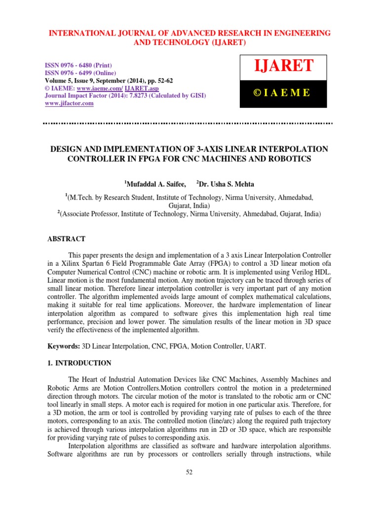 Design And Implementation Of 3 Axis Linear Interpolation Controller In Fpga For Cnc Machines And