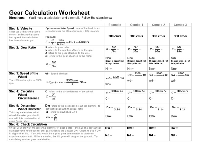 Gear Calculation Worksheet: Calculator Pencil Example Combo 1 Combo 2 ...