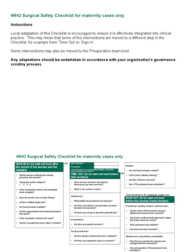 WHO Surgical Safety Checklist For Maternity Cases Only: Instructions ...