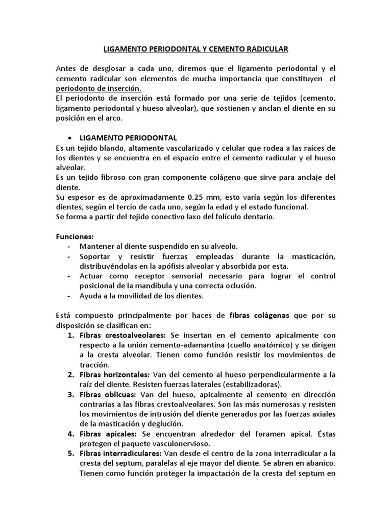 Ligamento Periodontal y Cemento Radicular | PDF | Diente humano | Anatomía