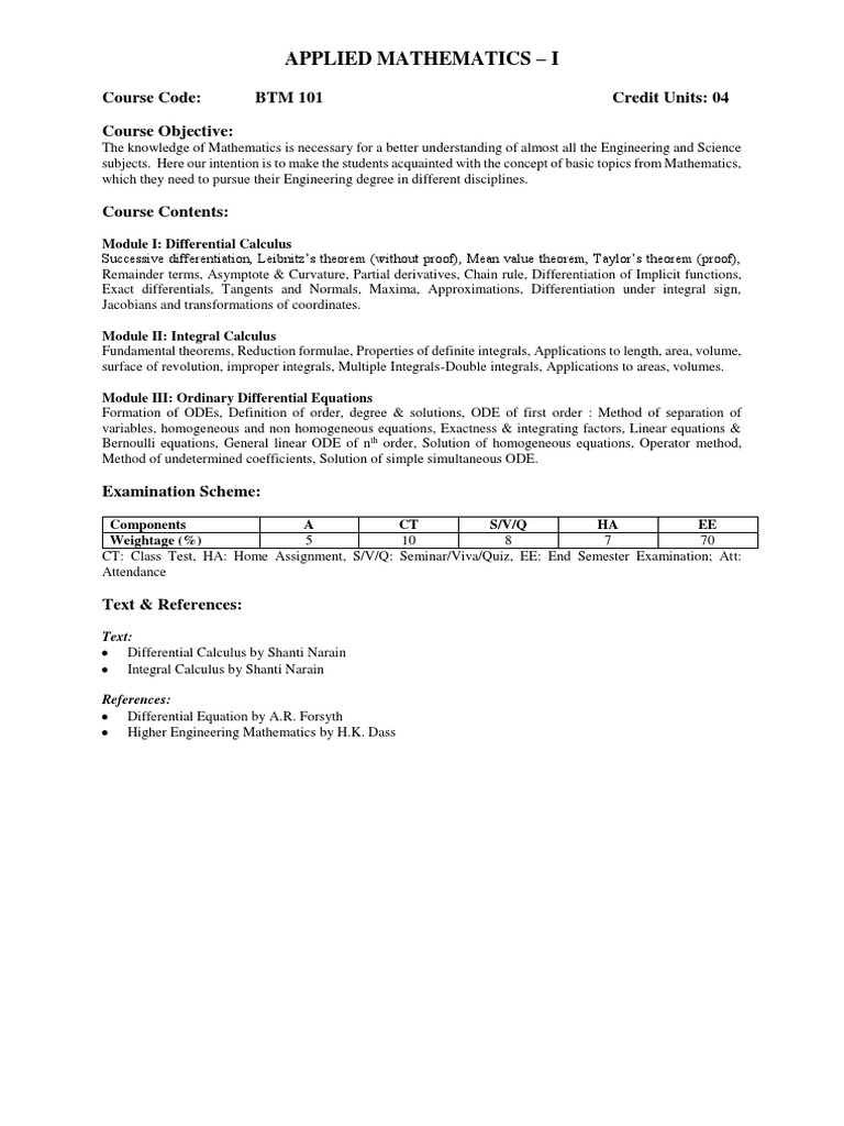Applied Mathematics - I: Course Code: BTM 101 Credit Units: 04 Course ...