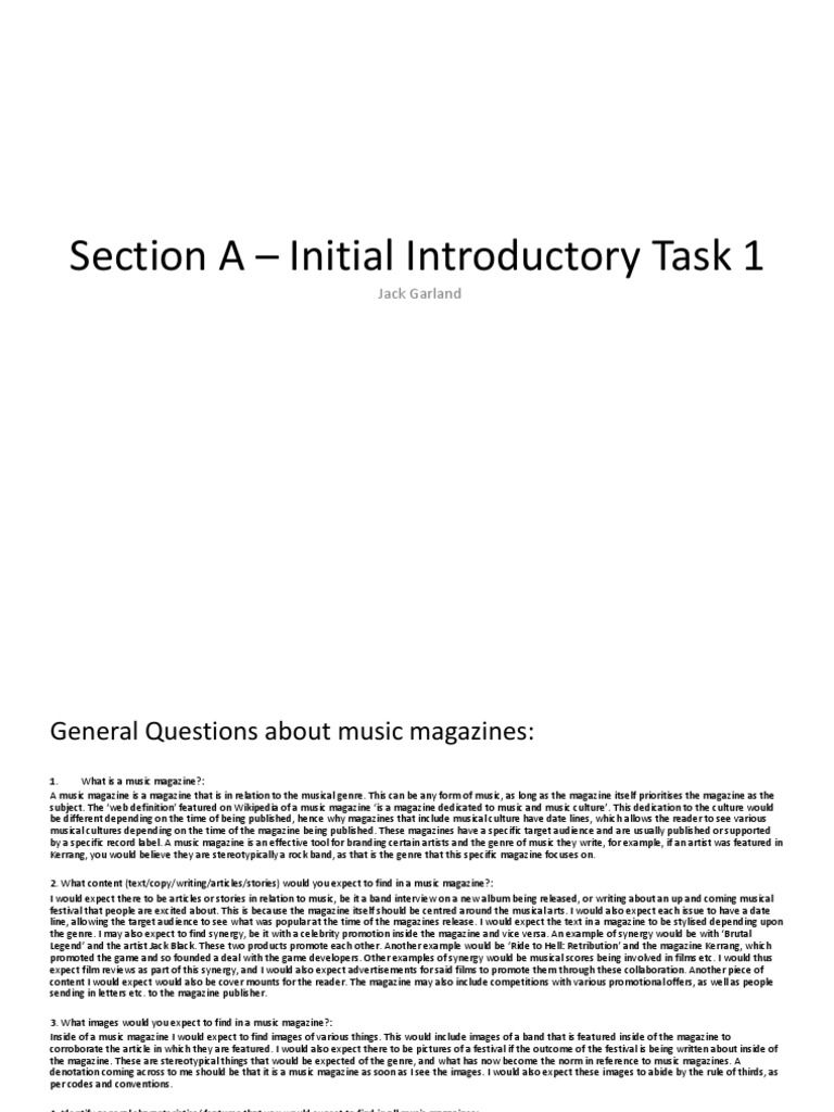 Section A - Initial Introductory Task 1 | PDF | Hip Hop Music | Magazines