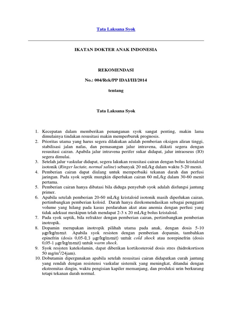 REKOMENDASI IDAI Tata Laksana Syok PDF | PDF