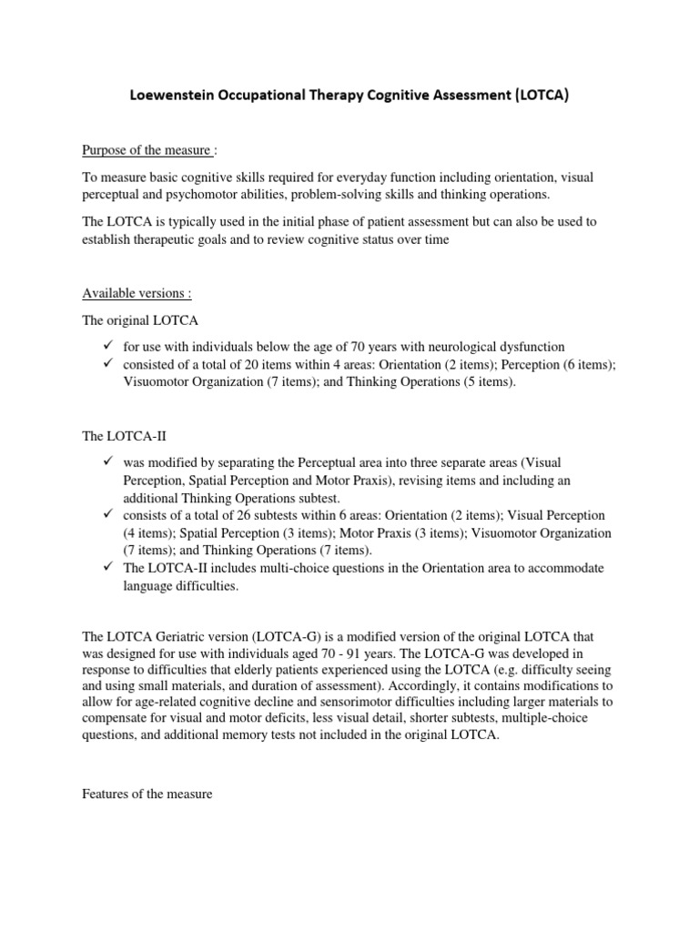 LOTCA: Cognitive Assessment Overview | PDF | Anatomical Terms Of Motion ...