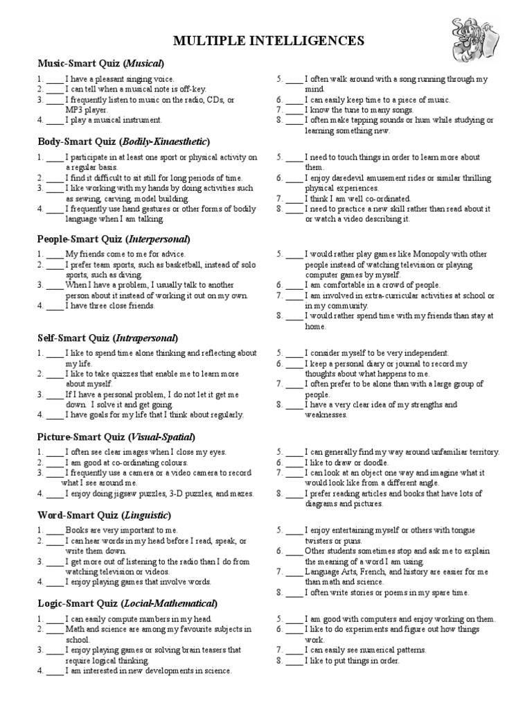 Multiple Intelligences Handout | PDF | Cognition | Cognitive Science