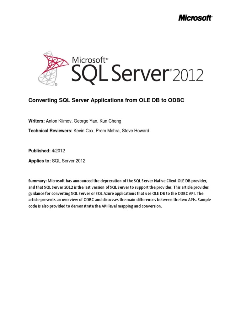 Converting Sql Server Applications From Ole Db To Odbc Pdf Component Object Model