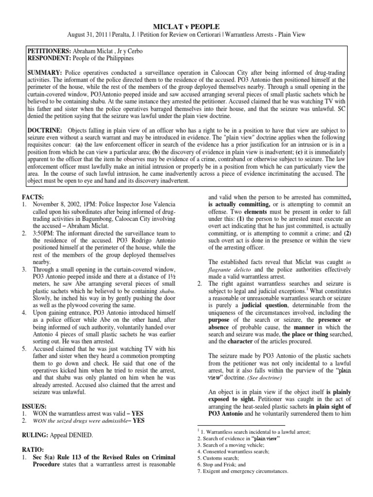 Miclat V People | PDF | Search And Seizure | Search Warrant