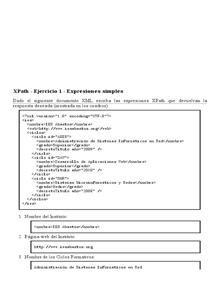 XPath. Ejercicios. XML PDF | PDF | X camino | Lenguaje de marcado