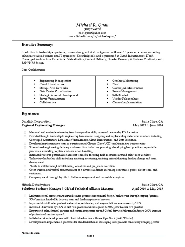 Systems Engineering Manager Solutions Architect in San Jose CA Resume Michael Quan | PDF ...