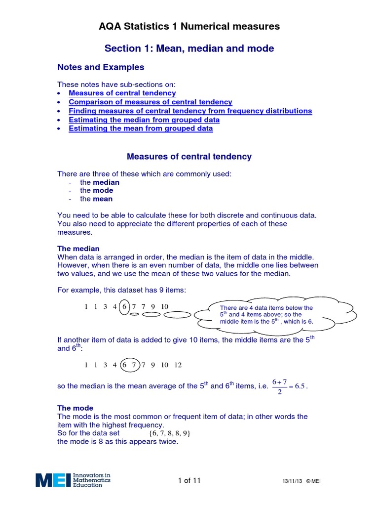 Mean, Median & Mode PDF | PDF | Median | Mean