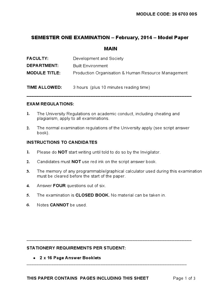 SEMESTER ONE EXAMINATION - February, 2014 - Model Paper Main | PDF ...