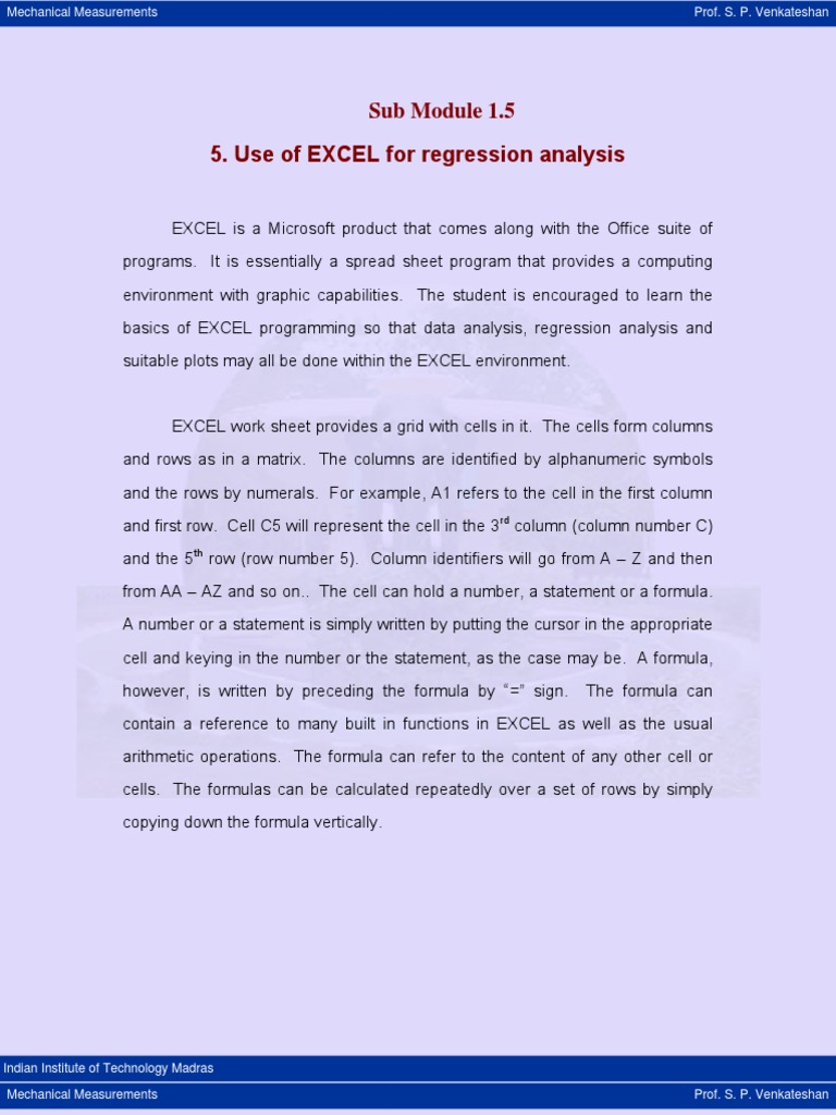Sub Module 1.5 5. Use of EXCEL For Regression Analysis: RD TH | PDF