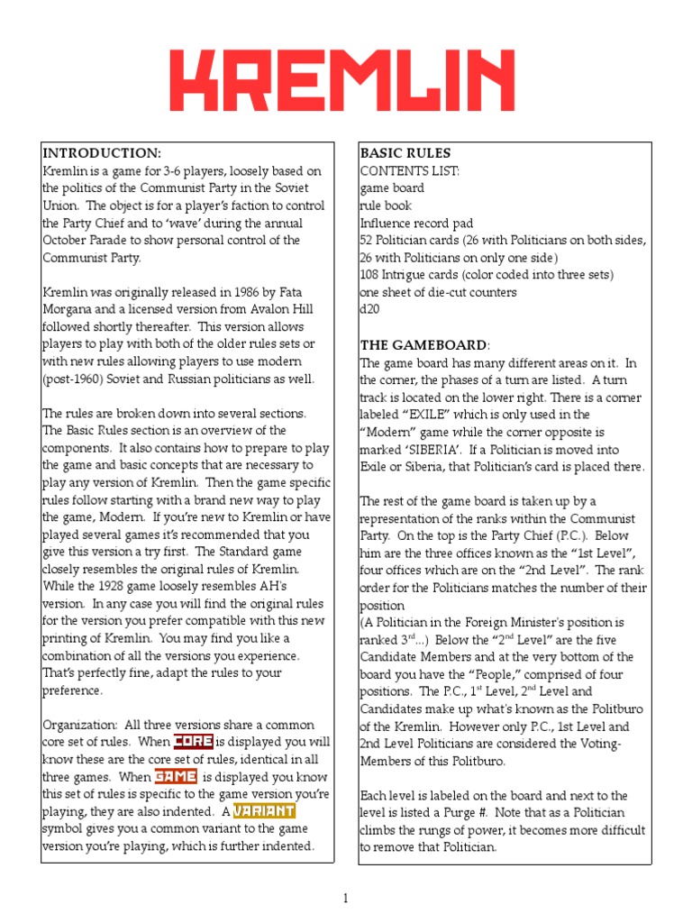 Kremlin Board Game Guide to Political Intrigue in Soviet Russia | PDF ...