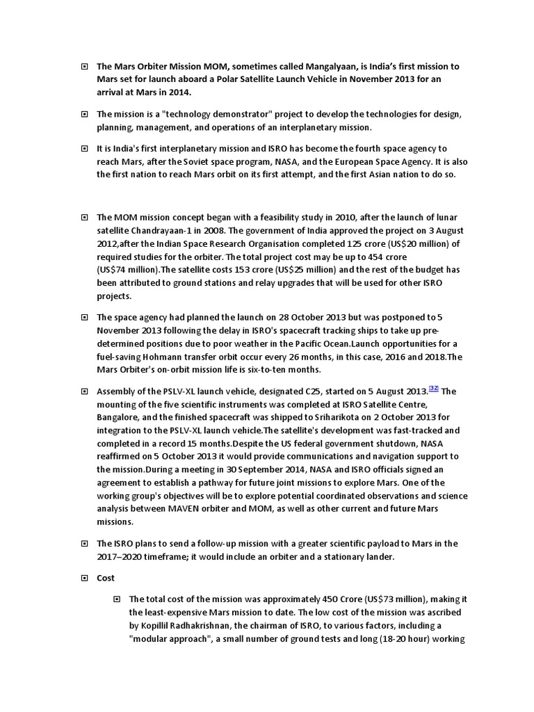 The Mars Orbiter Mission MOM | PDF | Space Industry | Flight