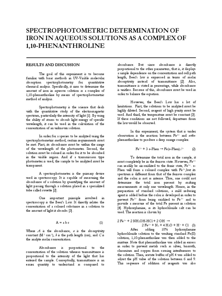 Iron Analysis via 1,10-Phenanthroline | PDF | Spectrophotometry ...