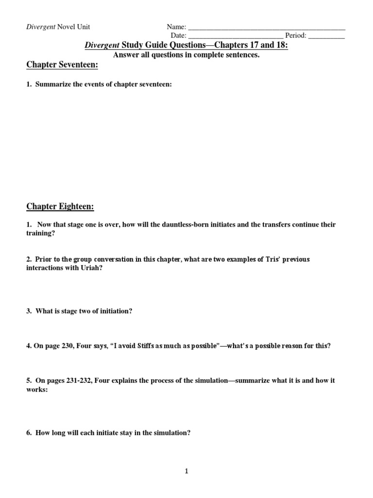 Divergent Study Guide: Chapters 17-18 | PDF