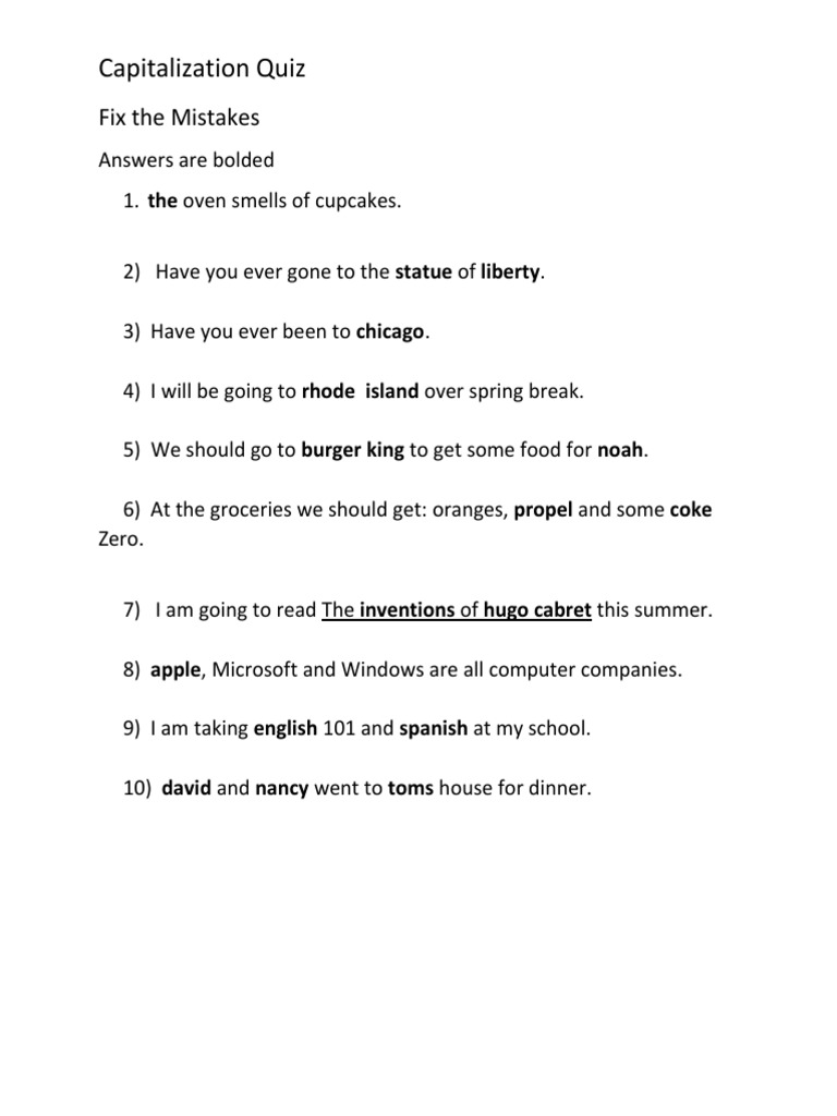 Capitalization Quiz | PDF