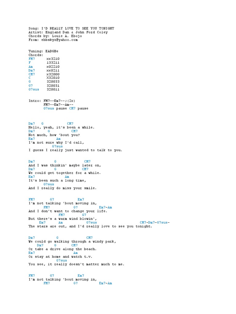 I'd Really Love To See You Tonight | PDF | Musical Compositions | Songs