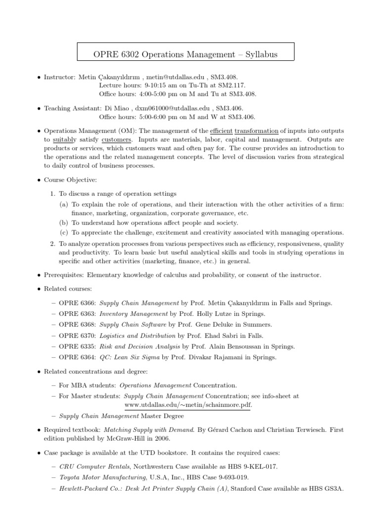 OPRE 6302 Operations Management (Syllabus | PDF | Operations Management | Business Process
