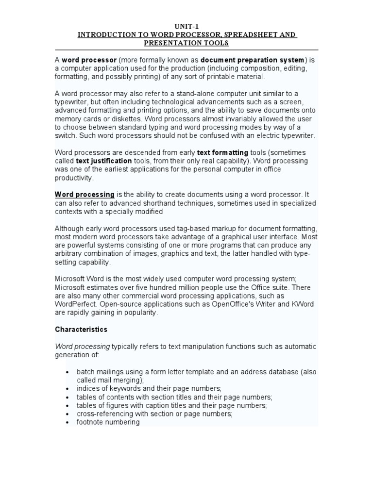 Unit-1 Introduction To Word Processor, Spreadsheet and Presentation ...