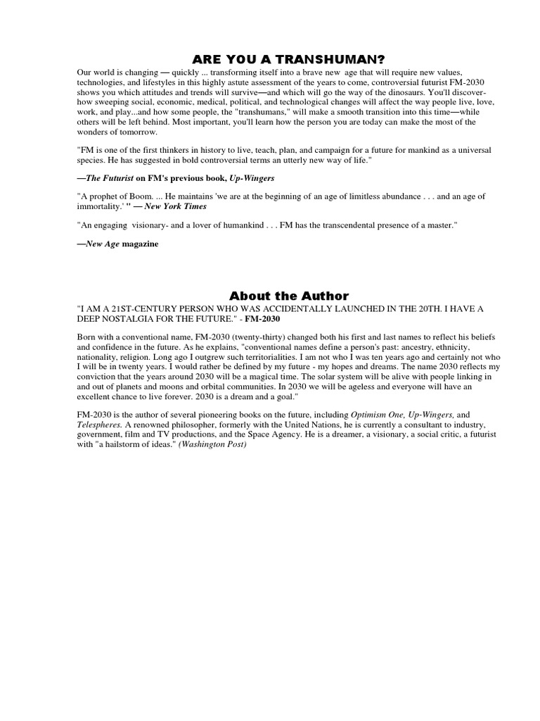 Are You A Transhuman - Monitoring and Stim - Fm-2030 | PDF