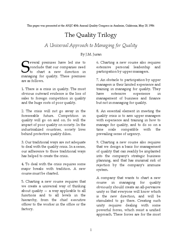 The Quality Trilogy PDF | PDF | Quality Management | Empire Of Japan