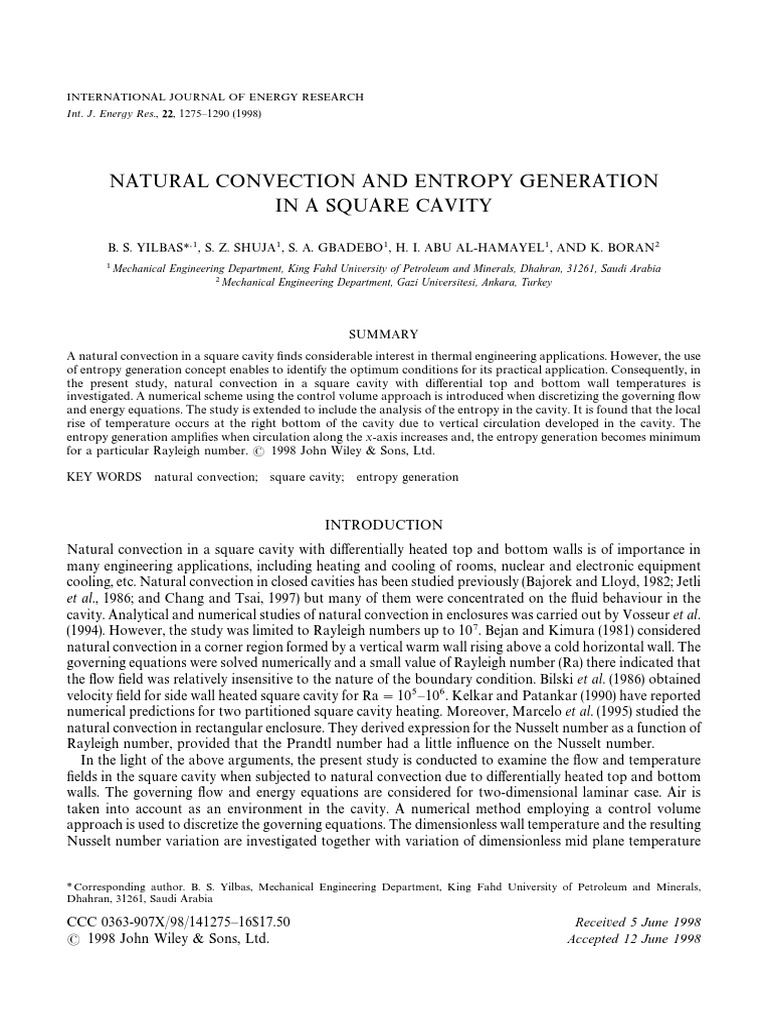 Natural Convection And Entropy Generation In A Square Cavity Download